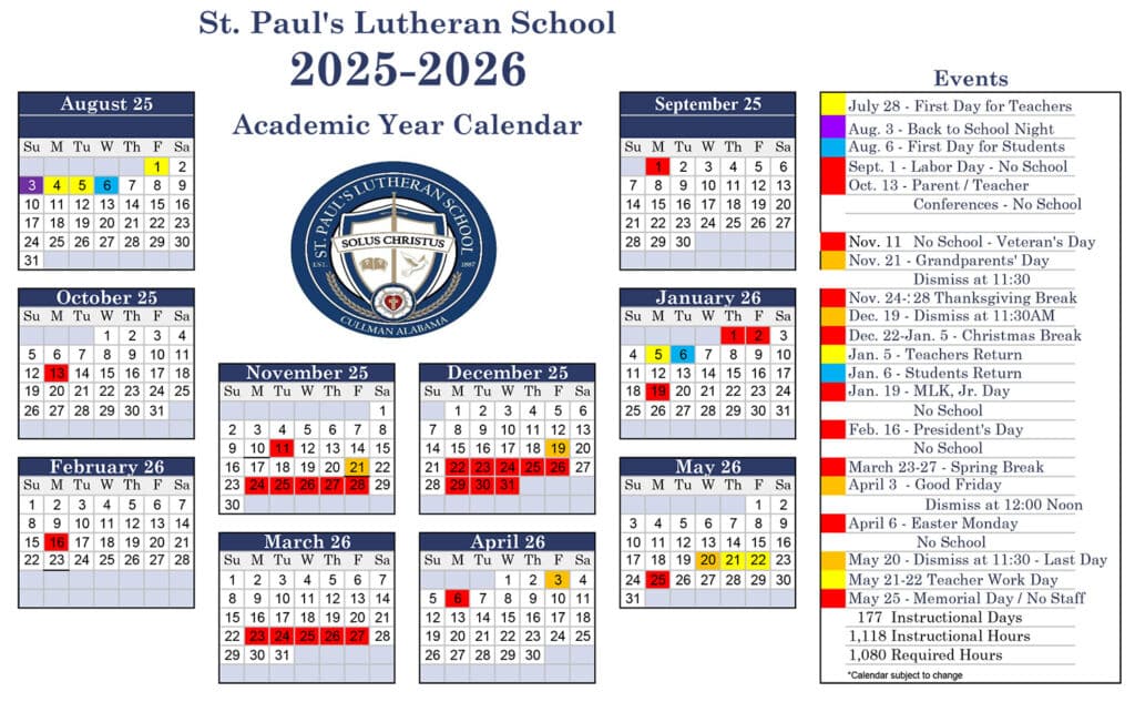2025 - 2026 School Calendar - St. Paul's Lutheran School